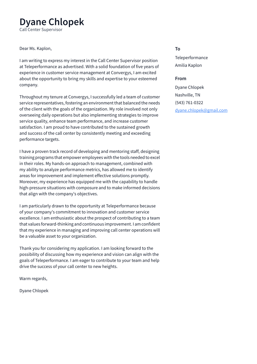 Call Center Supervisor Cover Letter Examples And Templates