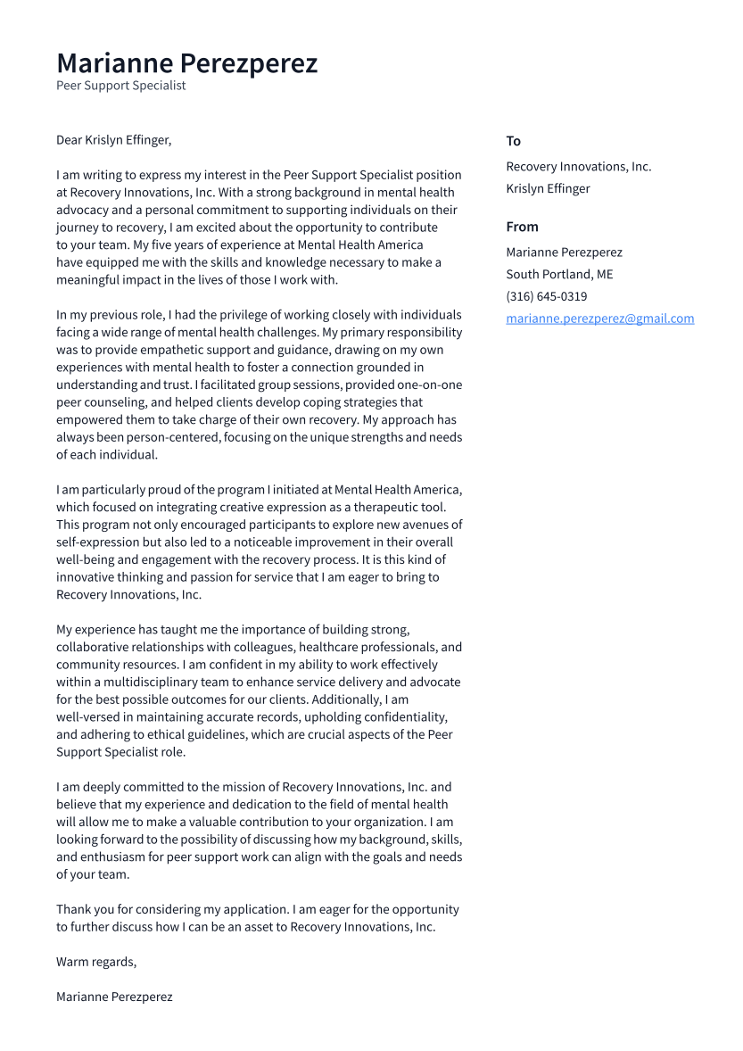 Peer Support Specialist Cover Letter Examples And Templates