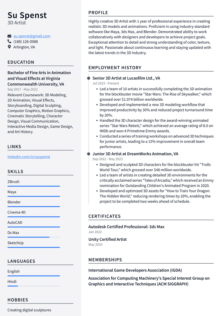 Adobe 3D Artist Resume Examples | ResumeCat