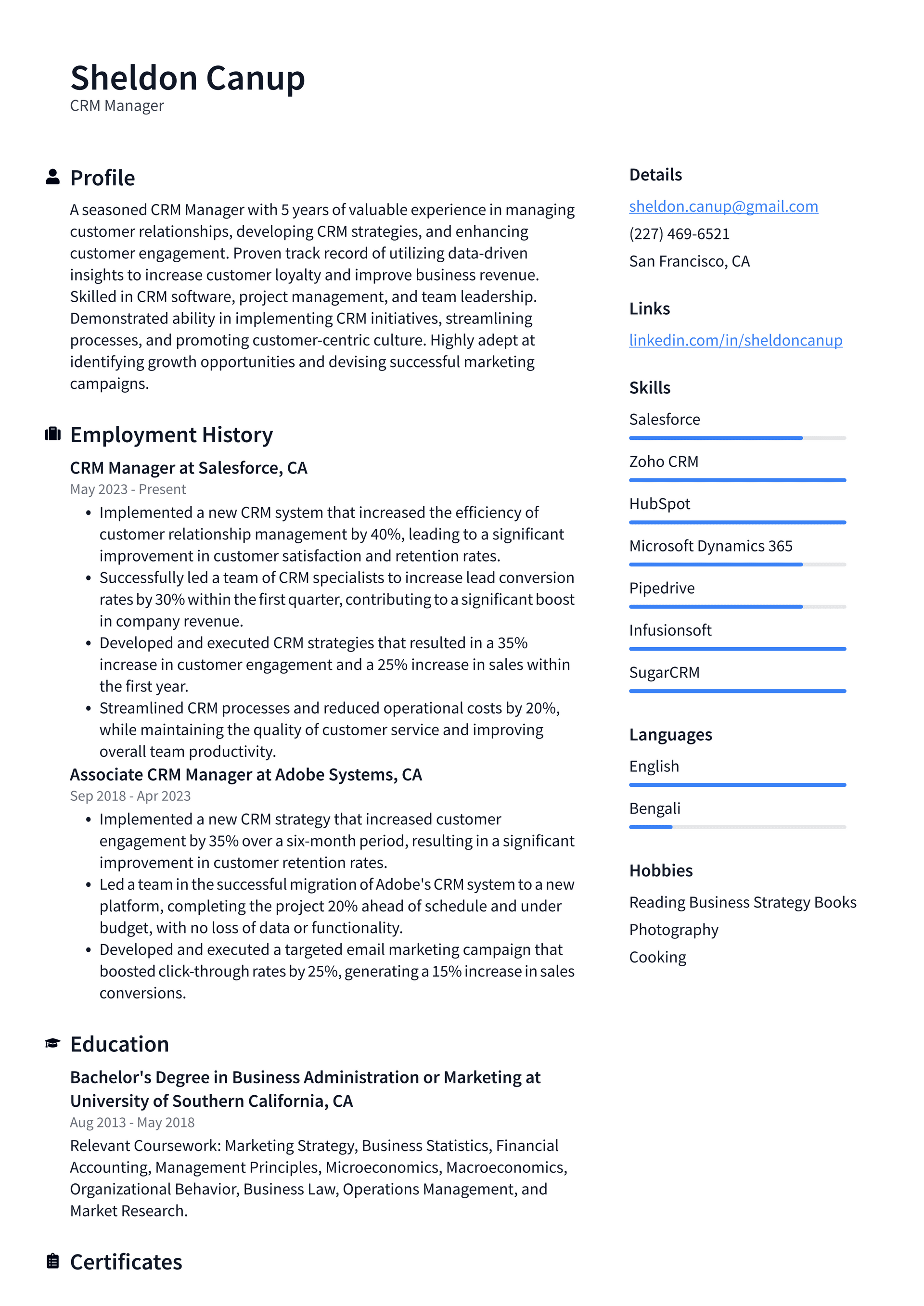 Adobe CRM Manager Resume Examples | ResumeCat
