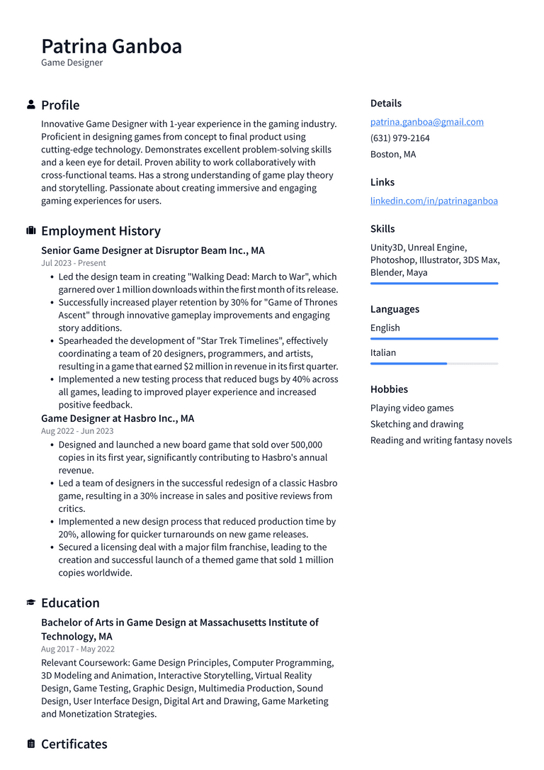 Adobe Game Designer Resume Examples | ResumeCat