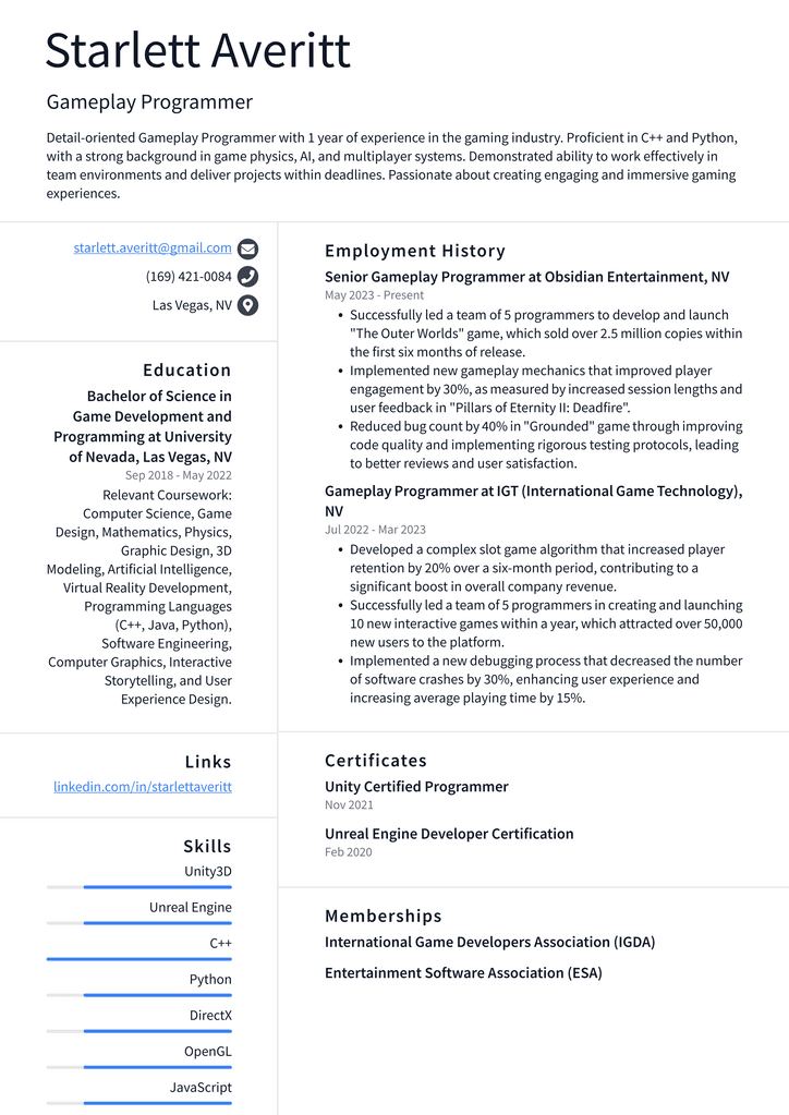 Adobe Gameplay Programmer Resume Examples | ResumeCat