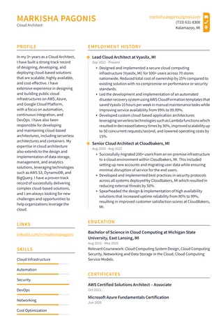 Amazon Cloud Architect Resume Examples | ResumeCat