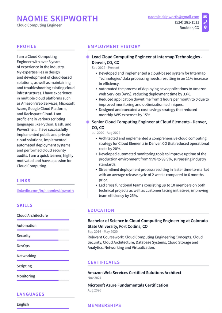 Amazon Cloud Computing Engineer Resume Examples | ResumeCat