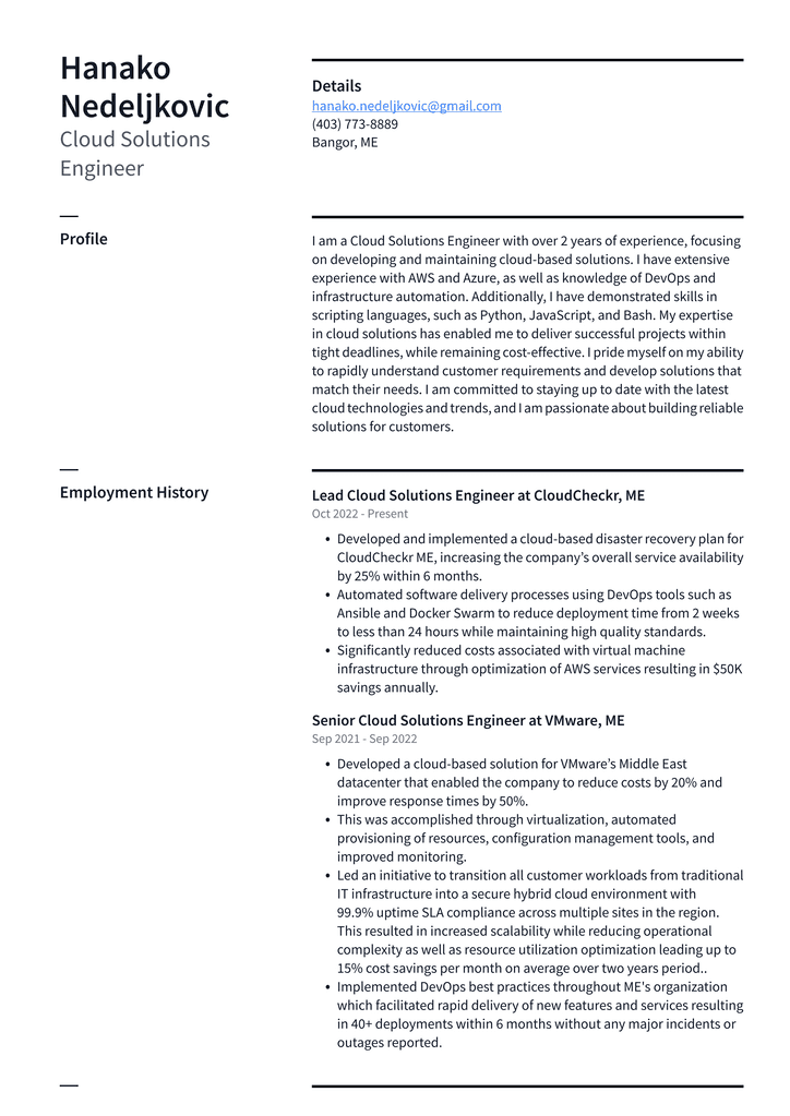 Amazon Cloud Solutions Engineer Resume Examples | ResumeCat
