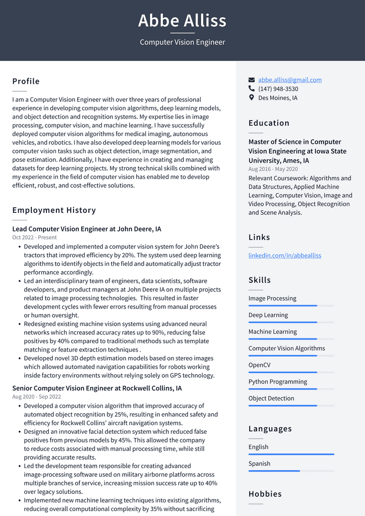 Amazon Computer Vision Engineer Resume Examples | ResumeCat