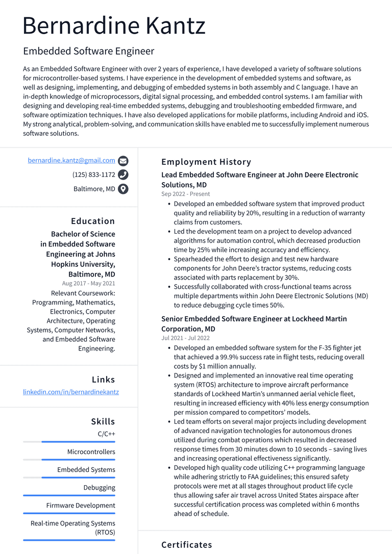 Amazon Embedded Software Engineer Resume Examples