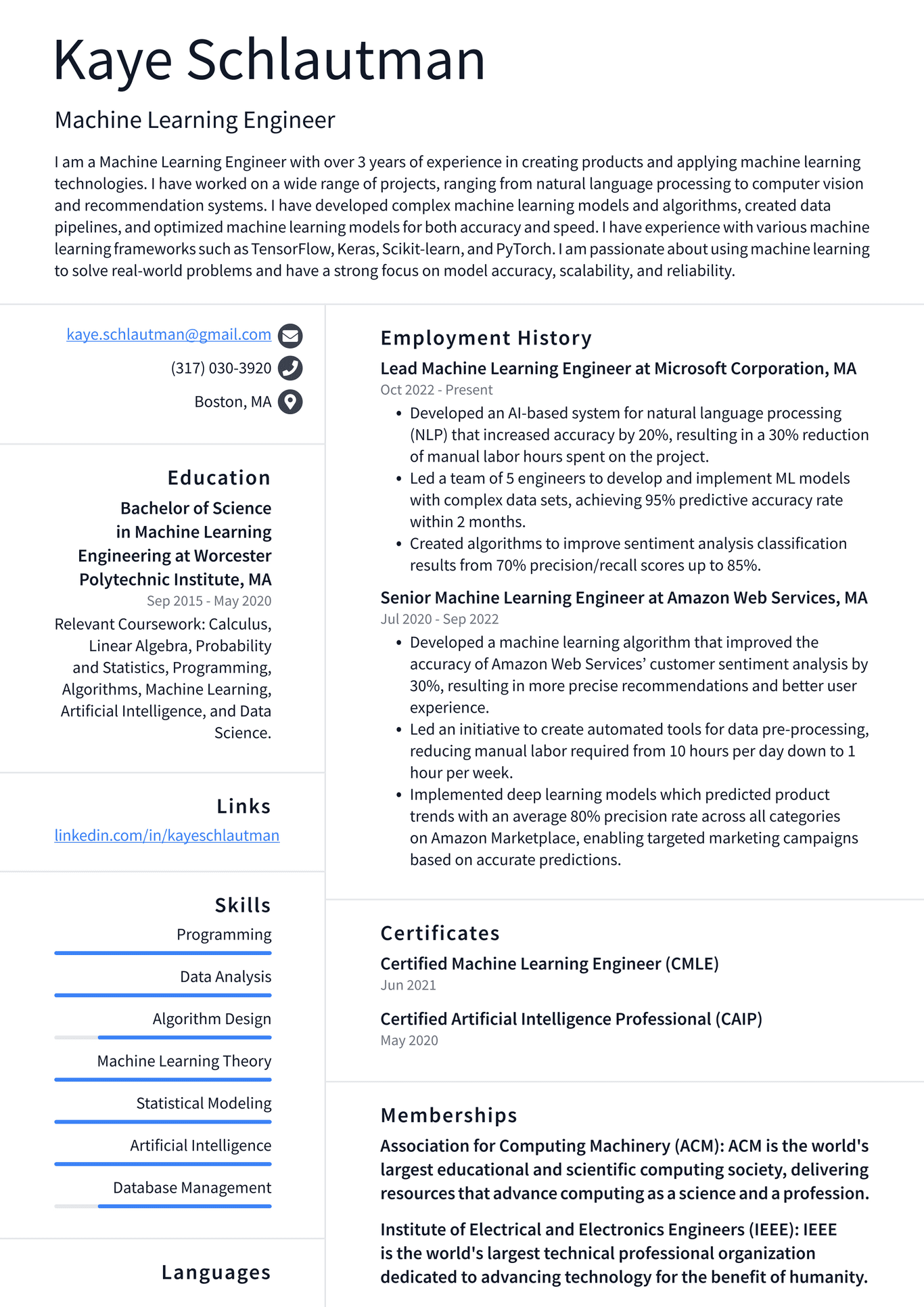 Amazon Machine Learning Engineer Resume Examples | ResumeCat
