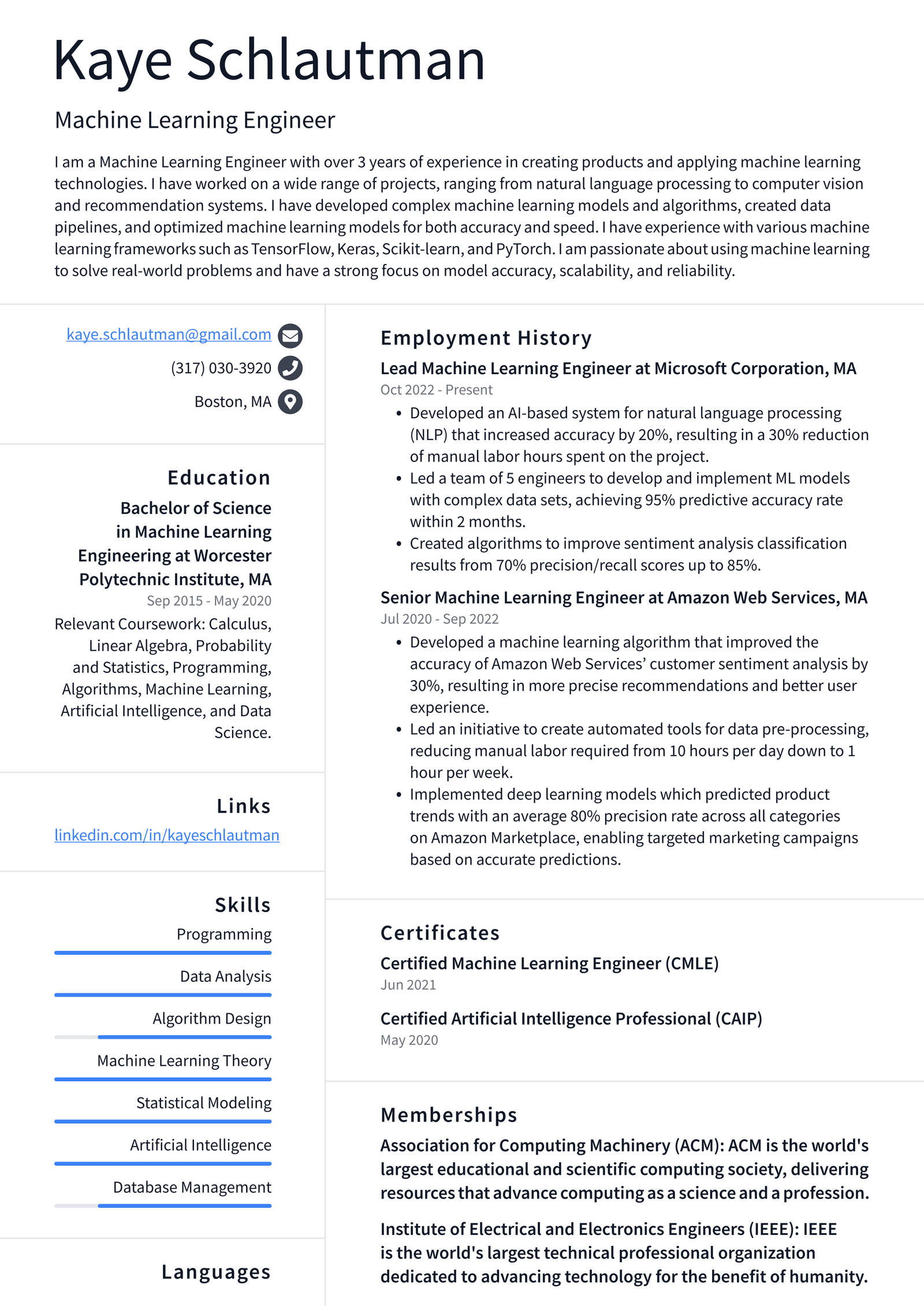Amazon Machine Learning Engineer Resume Examples | ResumeCat