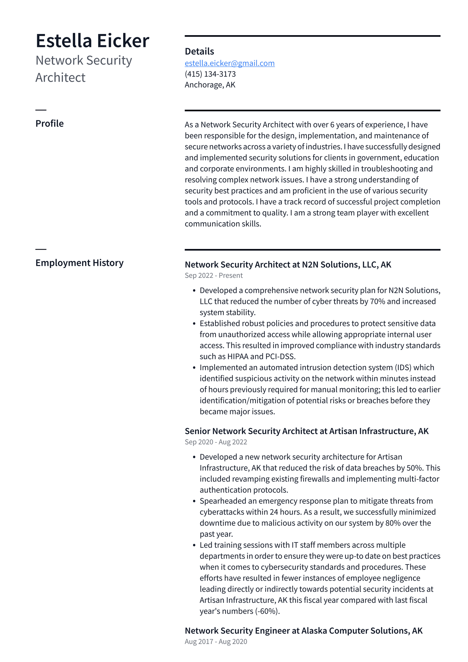 Amazon Network Security Architect Resume Examples