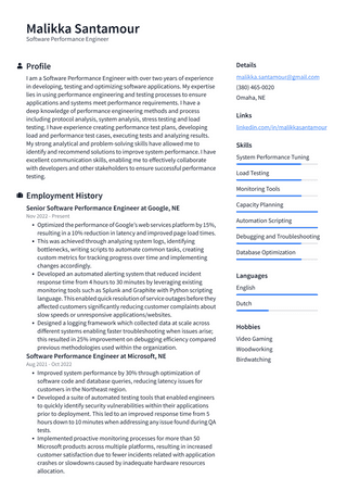 Amazon Software Performance Engineer Resume Examples