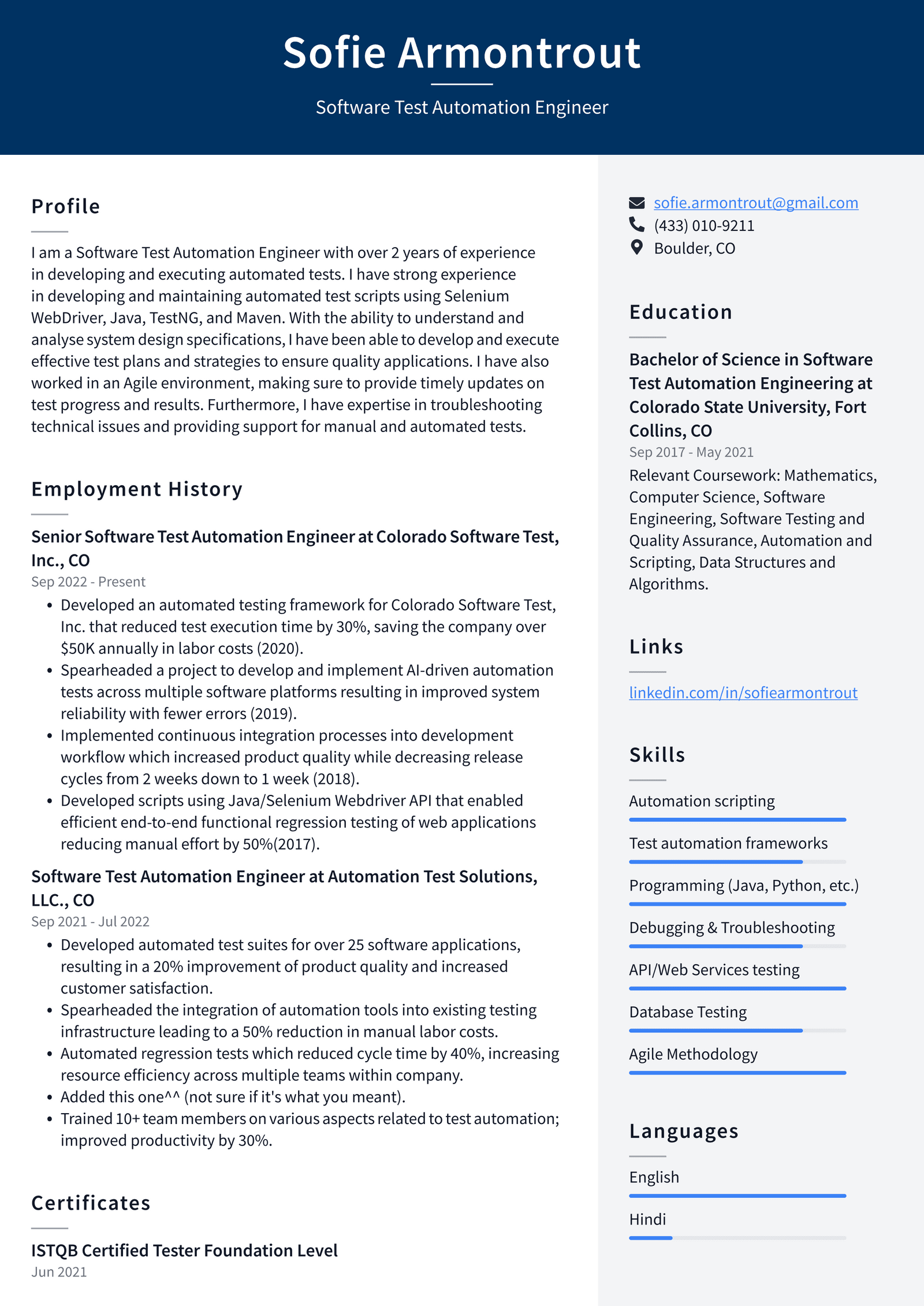 Amazon Software Test Automation Engineer Resume Examples