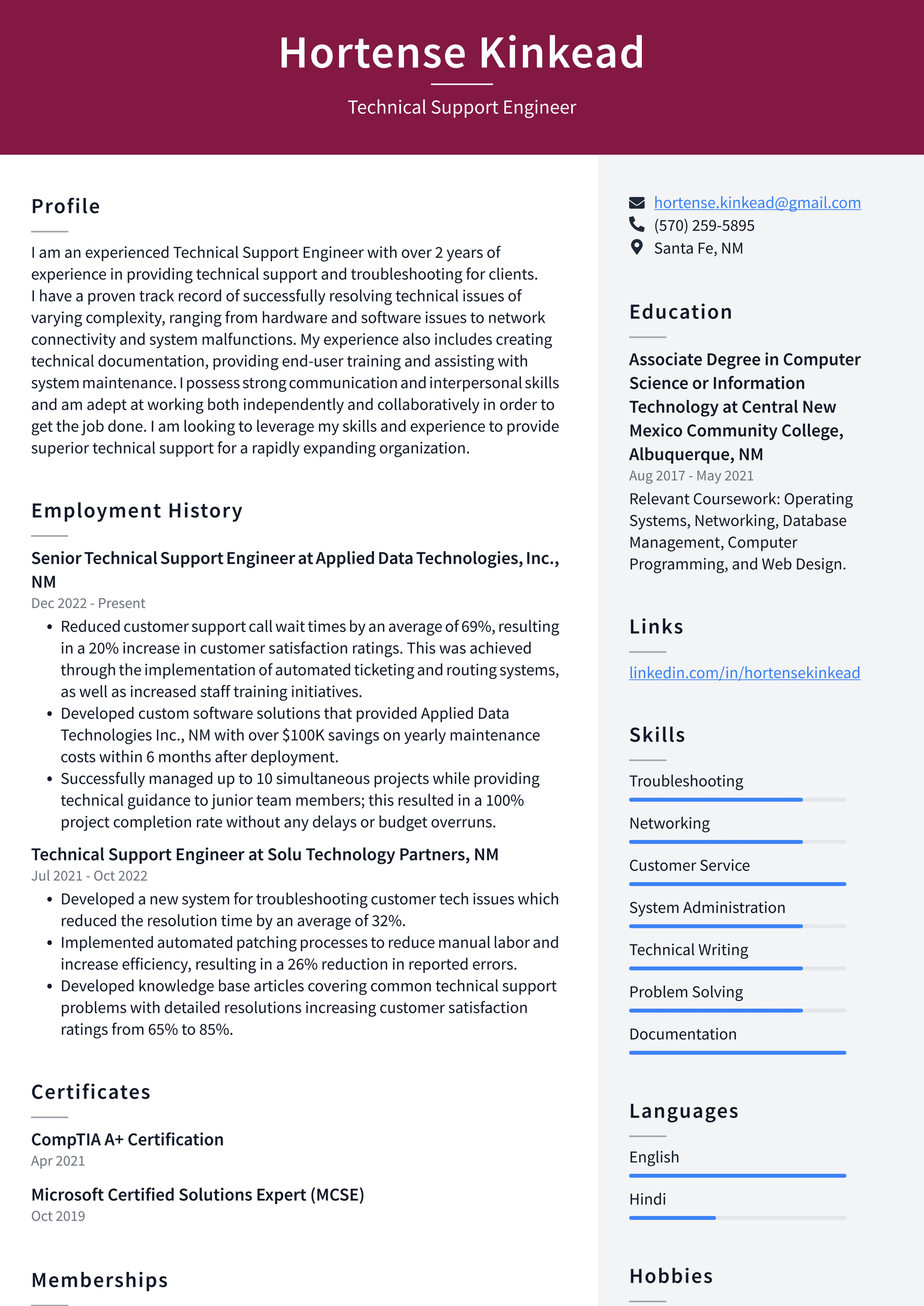 Amazon Technical Support Engineer Resume Examples
