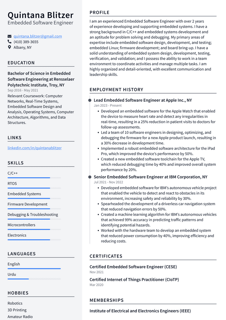 Apple Embedded Software Engineer Resume Examples | ResumeCat