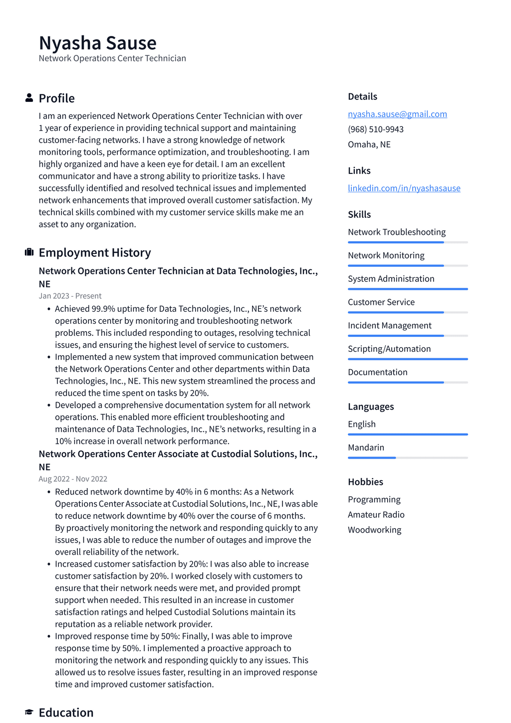 Apple Network Operations Center Technician Resume Examples