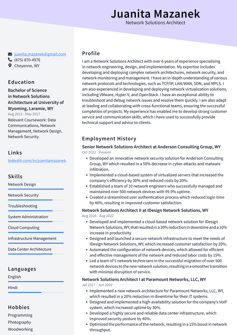 Apple Network Solutions Architect Resume Examples