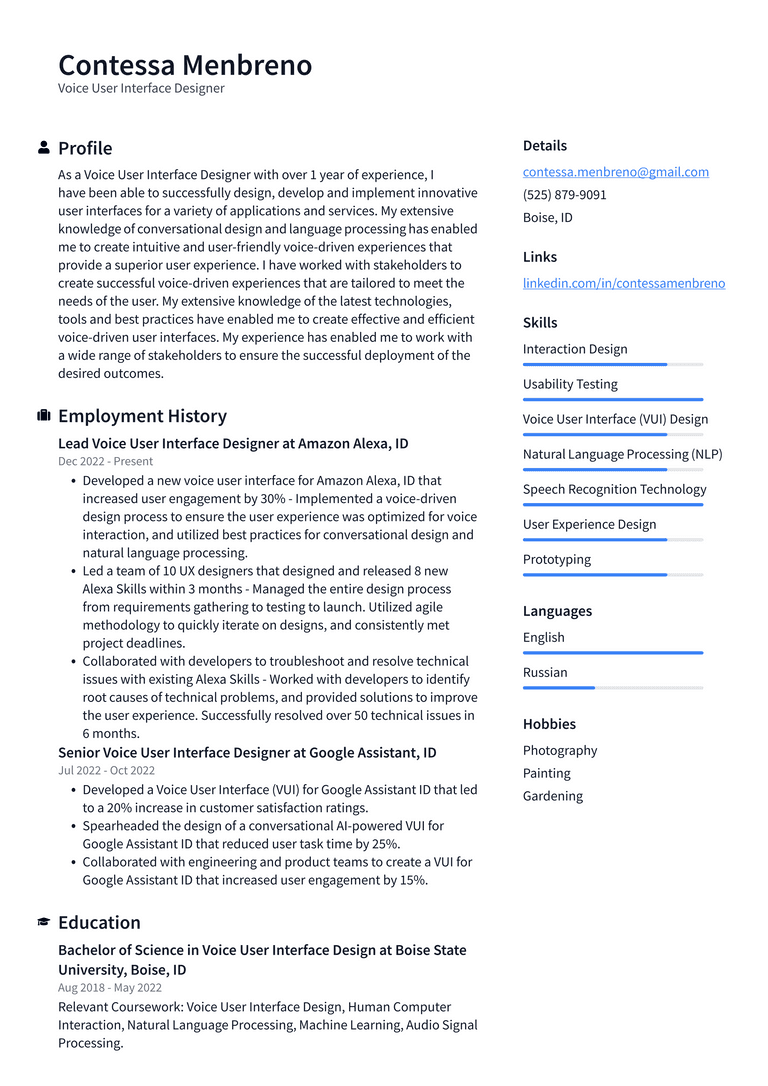 Apple Voice User Interface Designer Resume Examples