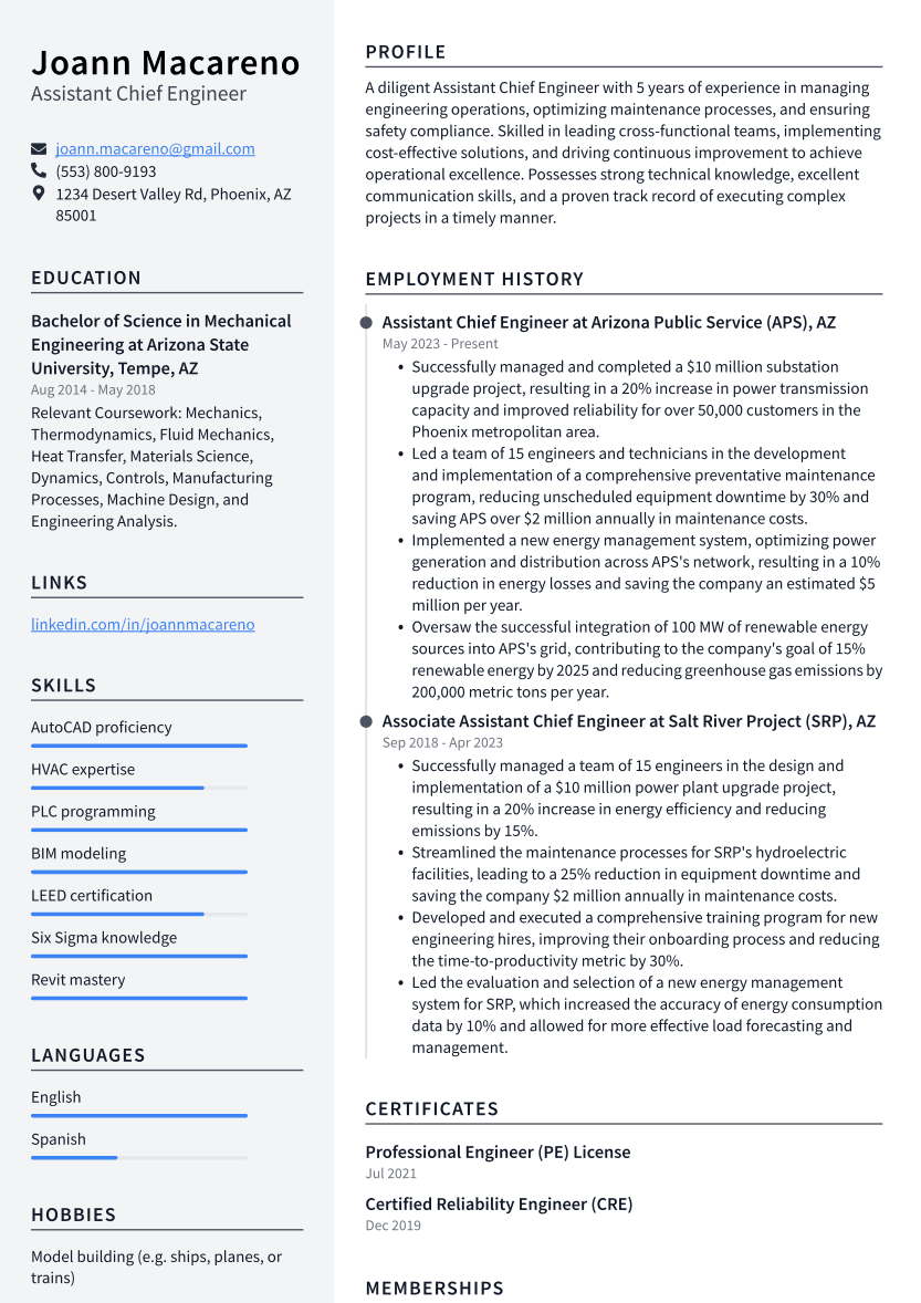 Top 16 Assistant Chief Engineer Resume Objective Examples