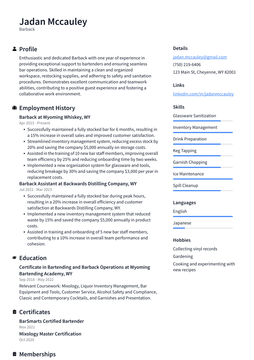 Top 17 Barback Resume Objective Examples ResumeCat