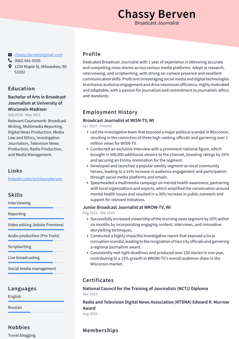 Top 16 Broadcast Journalist Resume Objective Examples