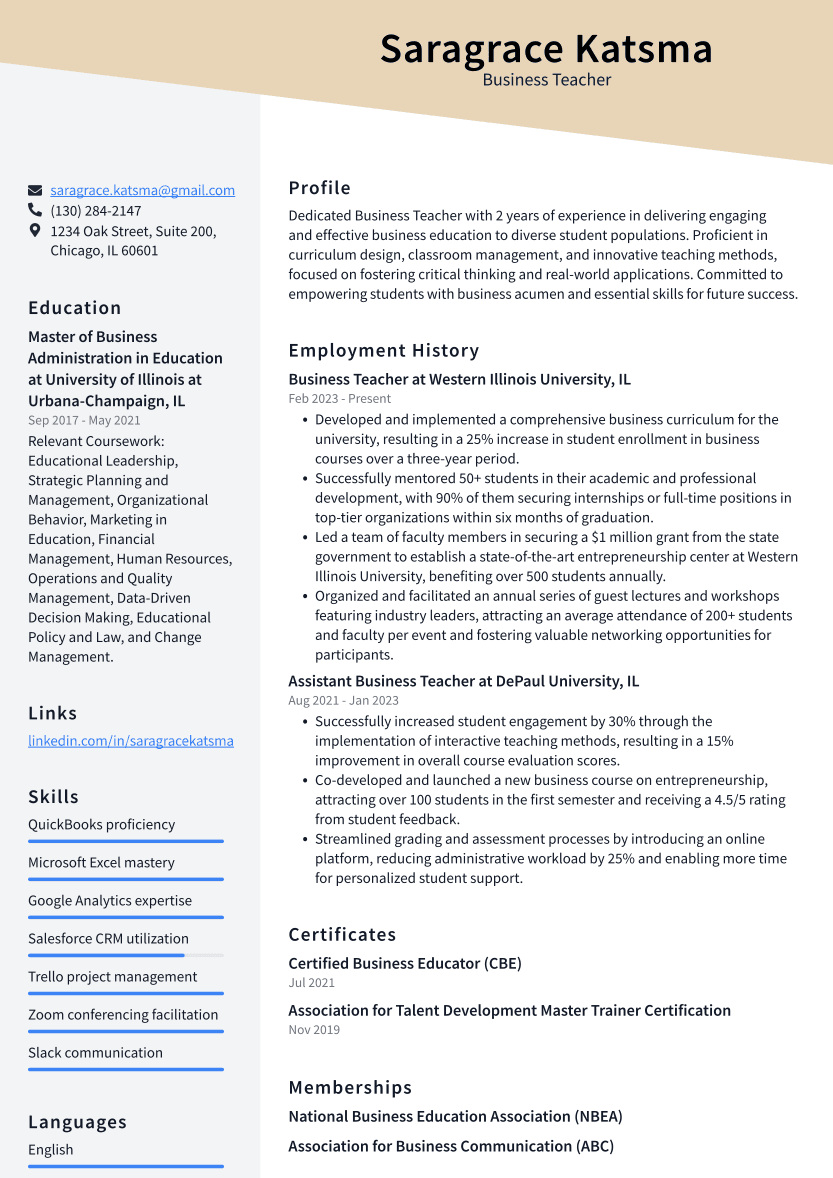 Business Teacher Resume Examples And Templates ResumeCat
