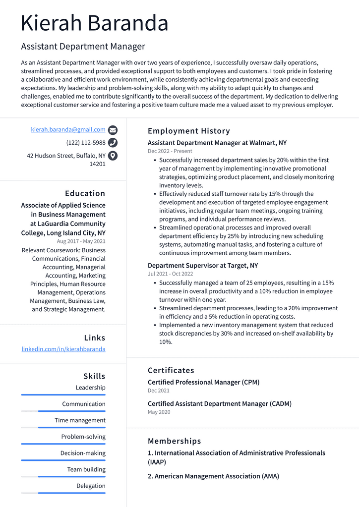 Costco Assistant Department Manager Resume Examples