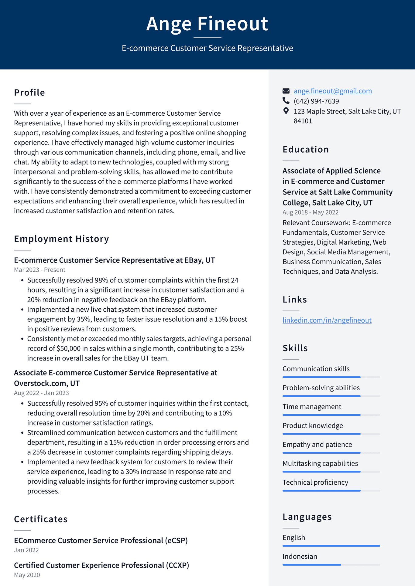 Costco E-commerce Customer Service Representative Resume Examples