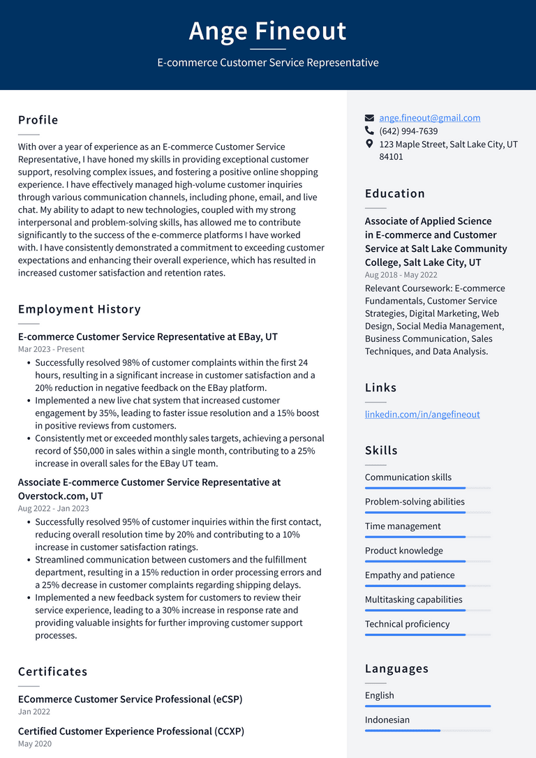 Costco E-commerce Customer Service Representative Resume Examples