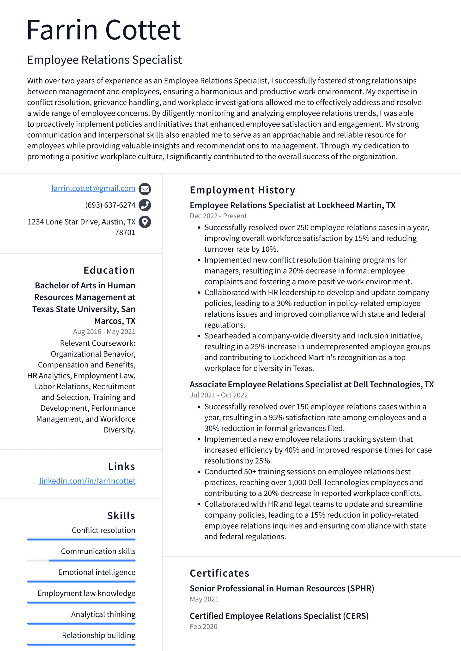 Costco Employee Relations Specialist Resume Examples