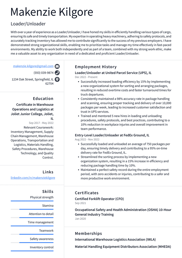 Costco Loader/Unloader Resume Examples | ResumeCat