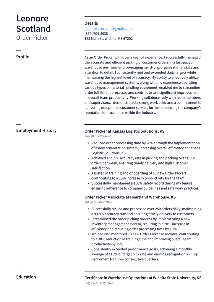 Costco Order Picker Resume Examples | ResumeCat