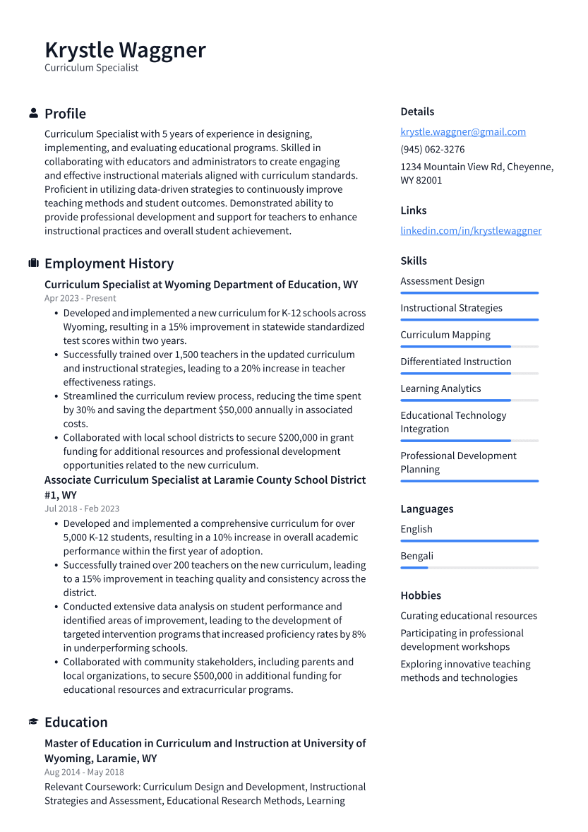 Top 18 Curriculum Specialist Resume Objective Examples