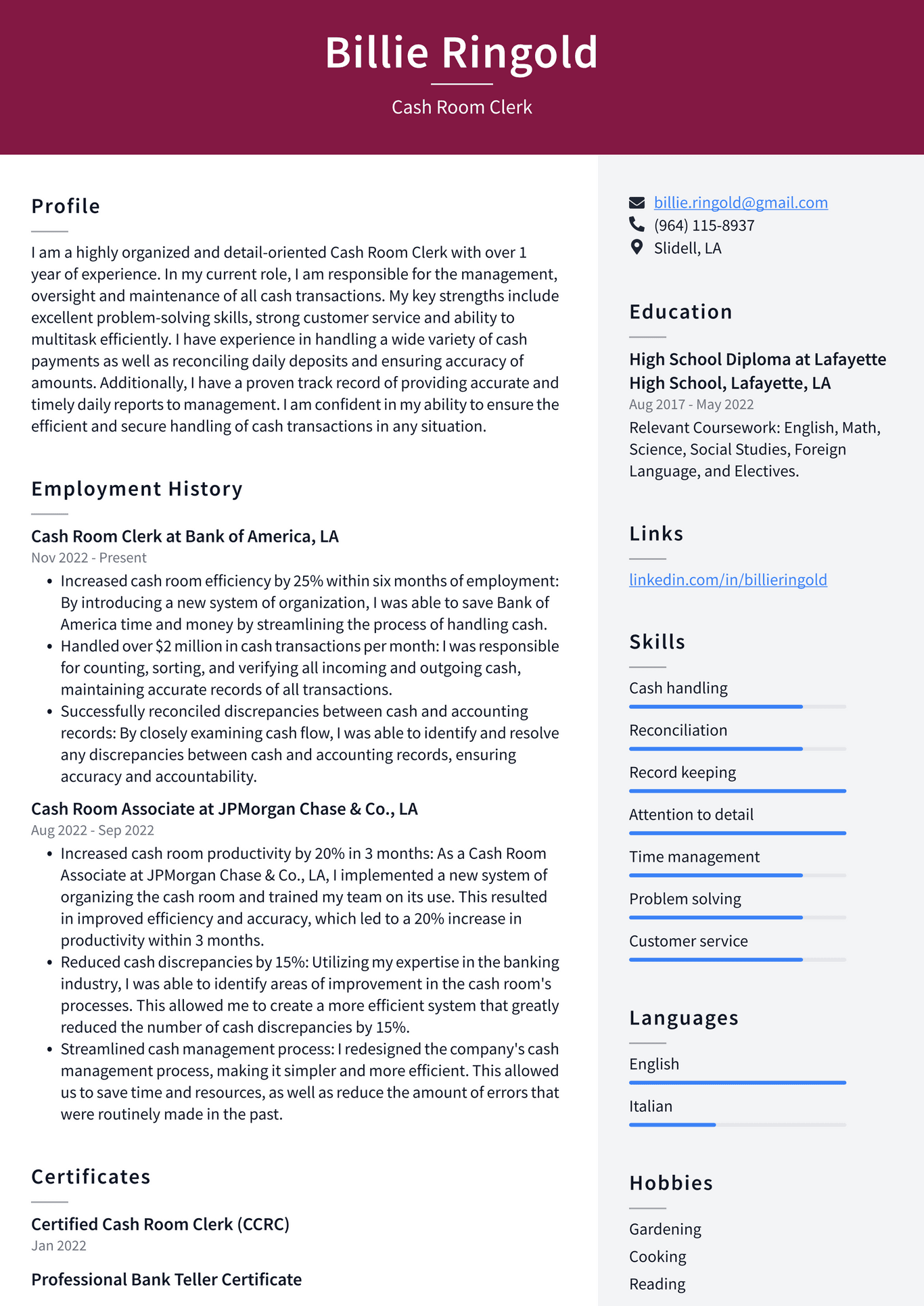 CVS Cash Room Clerk Resume Examples | ResumeCat