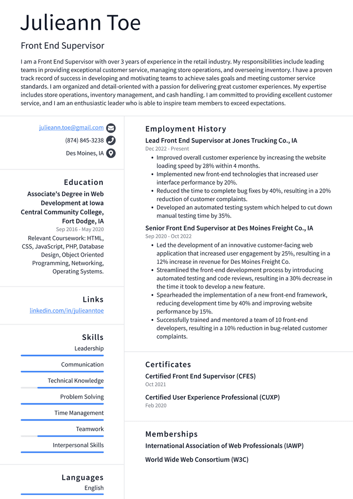 CVS Front End Supervisor Resume Examples | ResumeCat