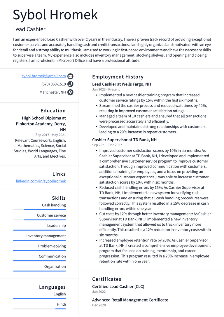 CVS Lead Cashier Resume Examples | ResumeCat