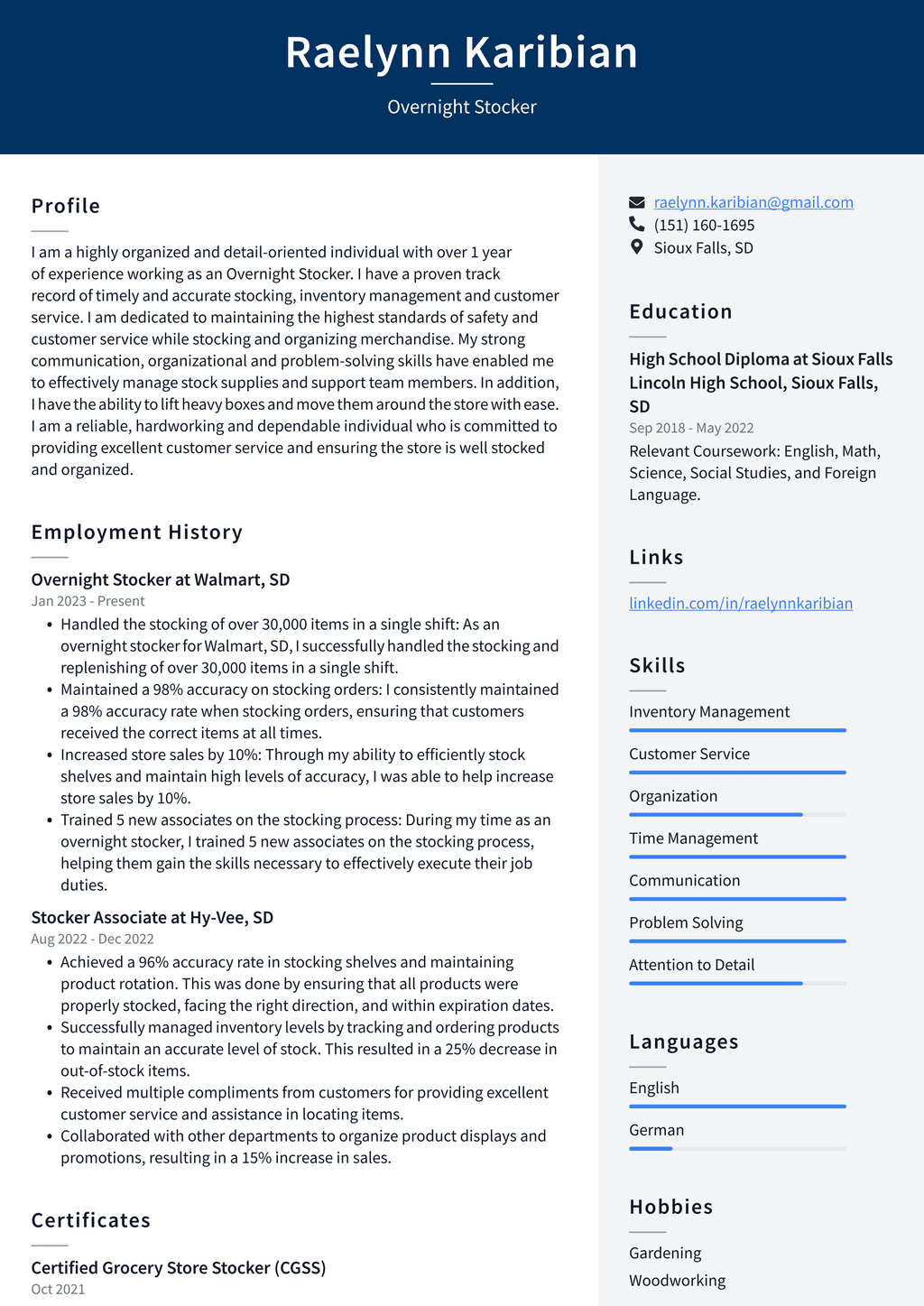 CVS Overnight Stocker Resume Examples | ResumeCat