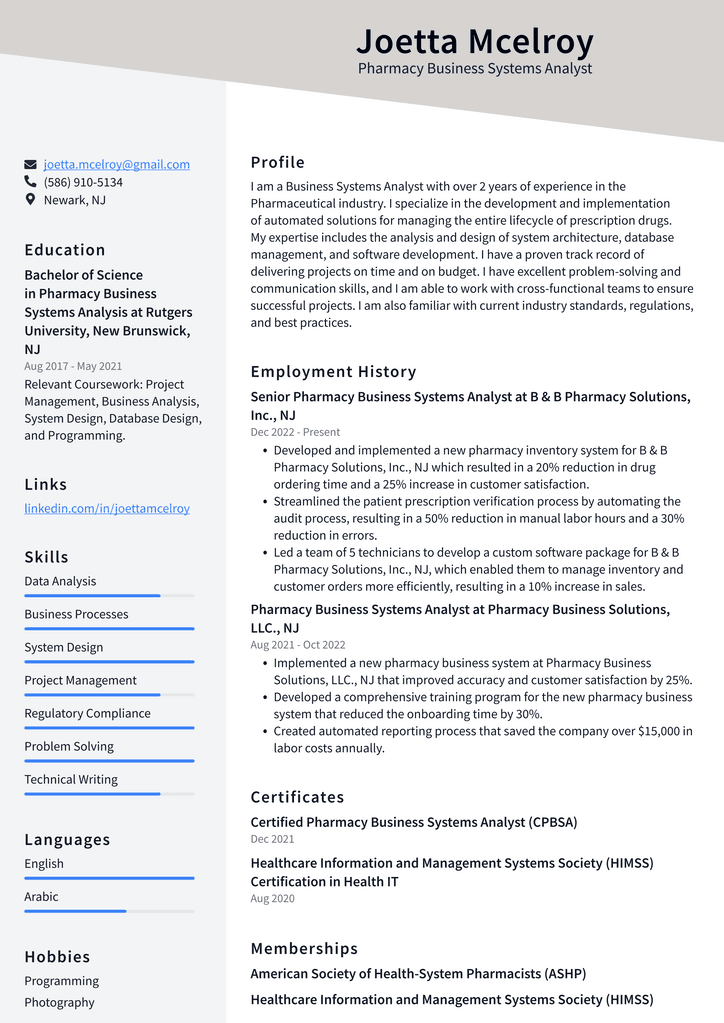 CVS Pharmacy Business Systems Analyst Resume Examples