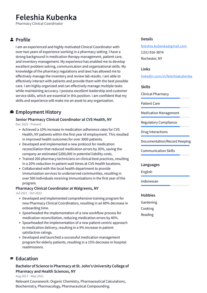 CVS Pharmacy Clinical Coordinator Resume Examples