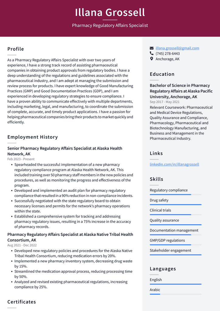 CVS Pharmacy Regulatory Affairs Specialist Resume Examples