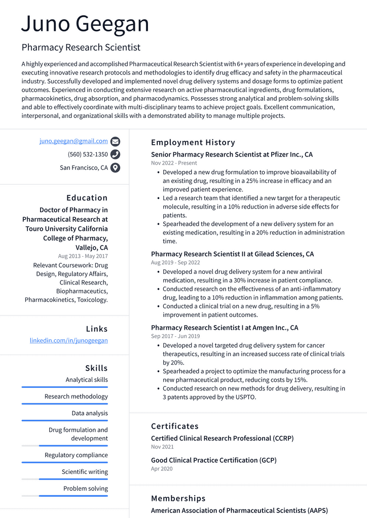 CVS Pharmacy Research Scientist Resume Examples | ResumeCat