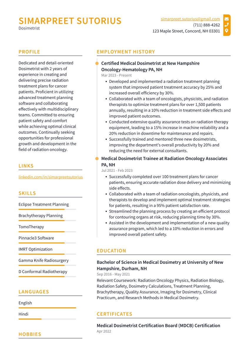 Dosimetrist Resume Examples And Templates ResumeCat