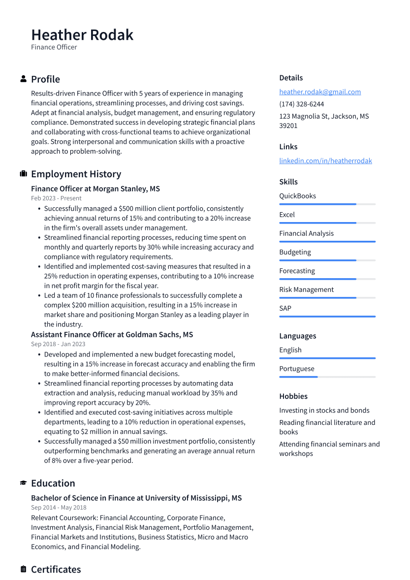 Finance Officer Resume Examples And Templates ResumeCat