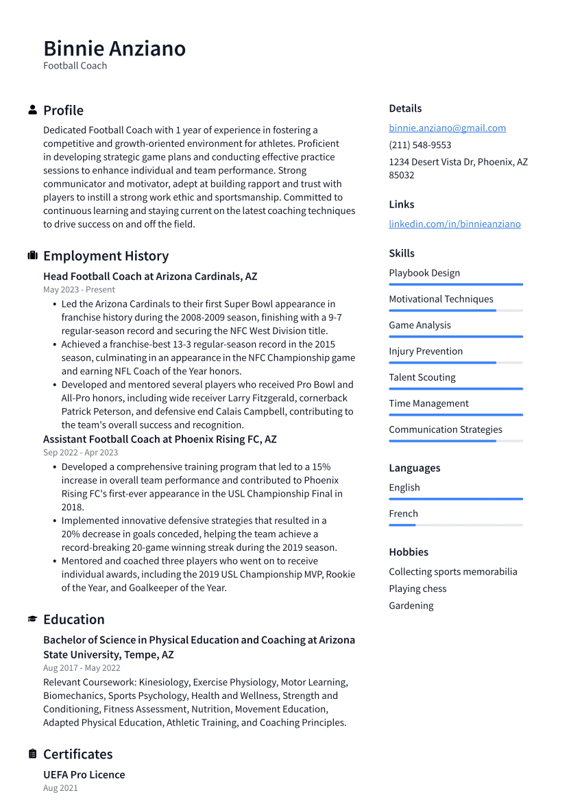 Football Coach Resume Examples And Templates ResumeCat