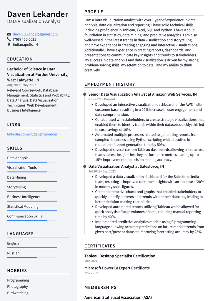 Google Data Visualization Analyst Resume Examples