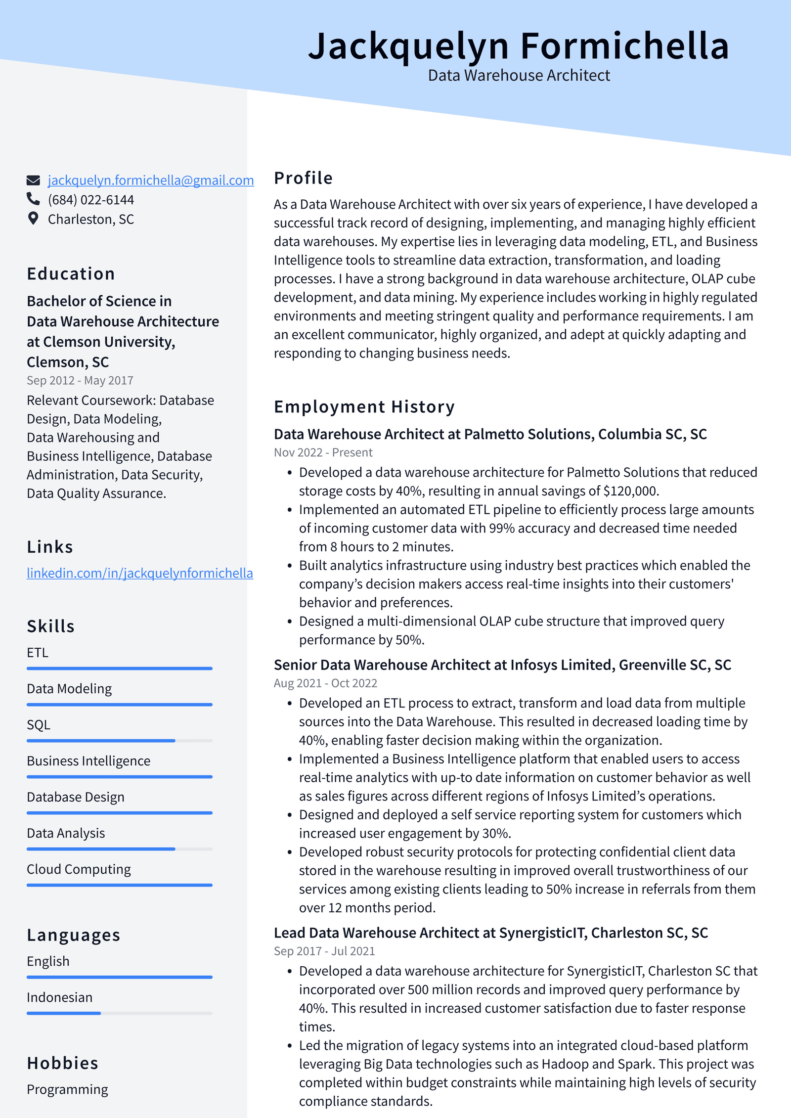 Google Data Warehouse Architect Resume Examples | ResumeCat