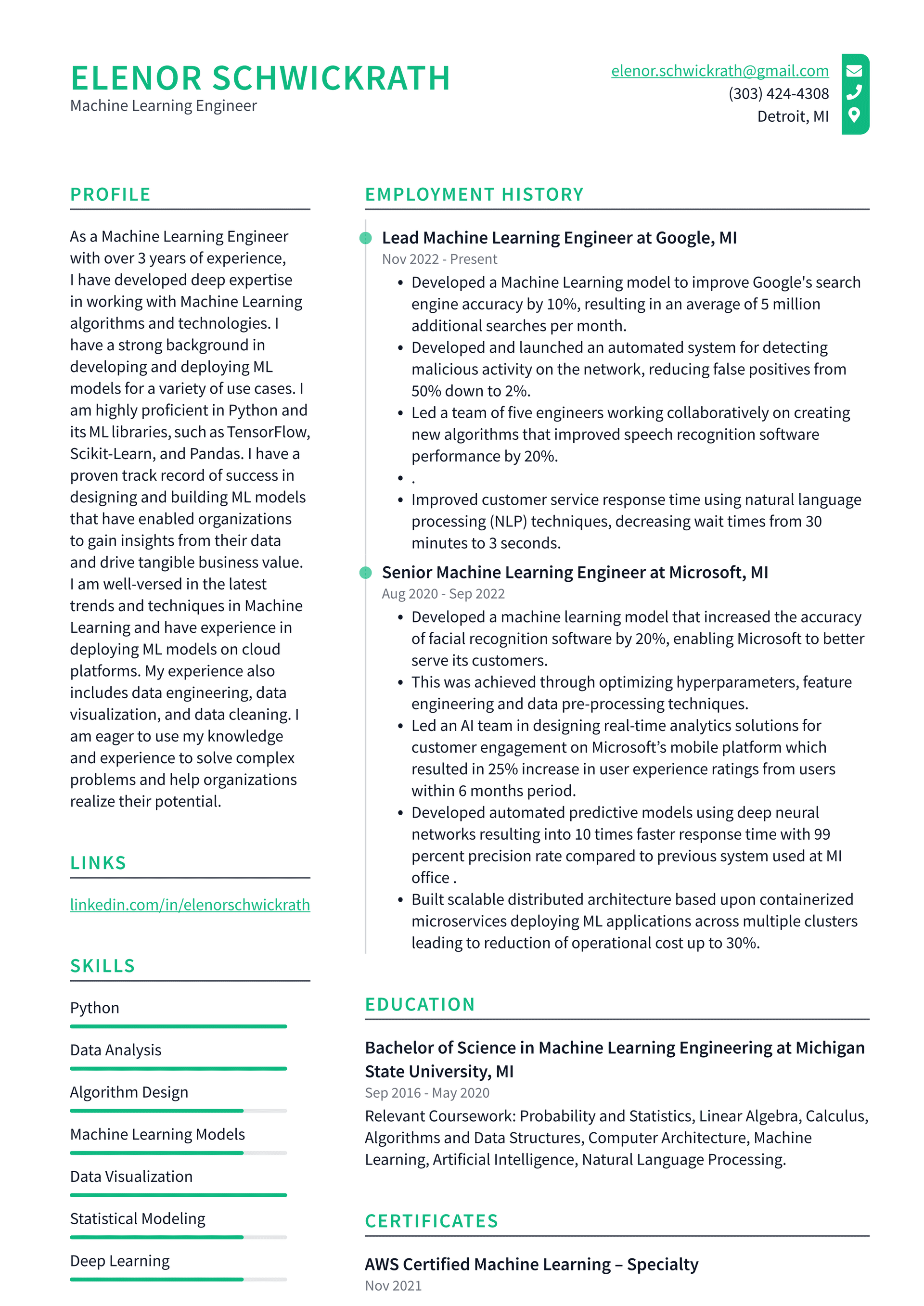Google Machine Learning Engineer Resume Examples | ResumeCat