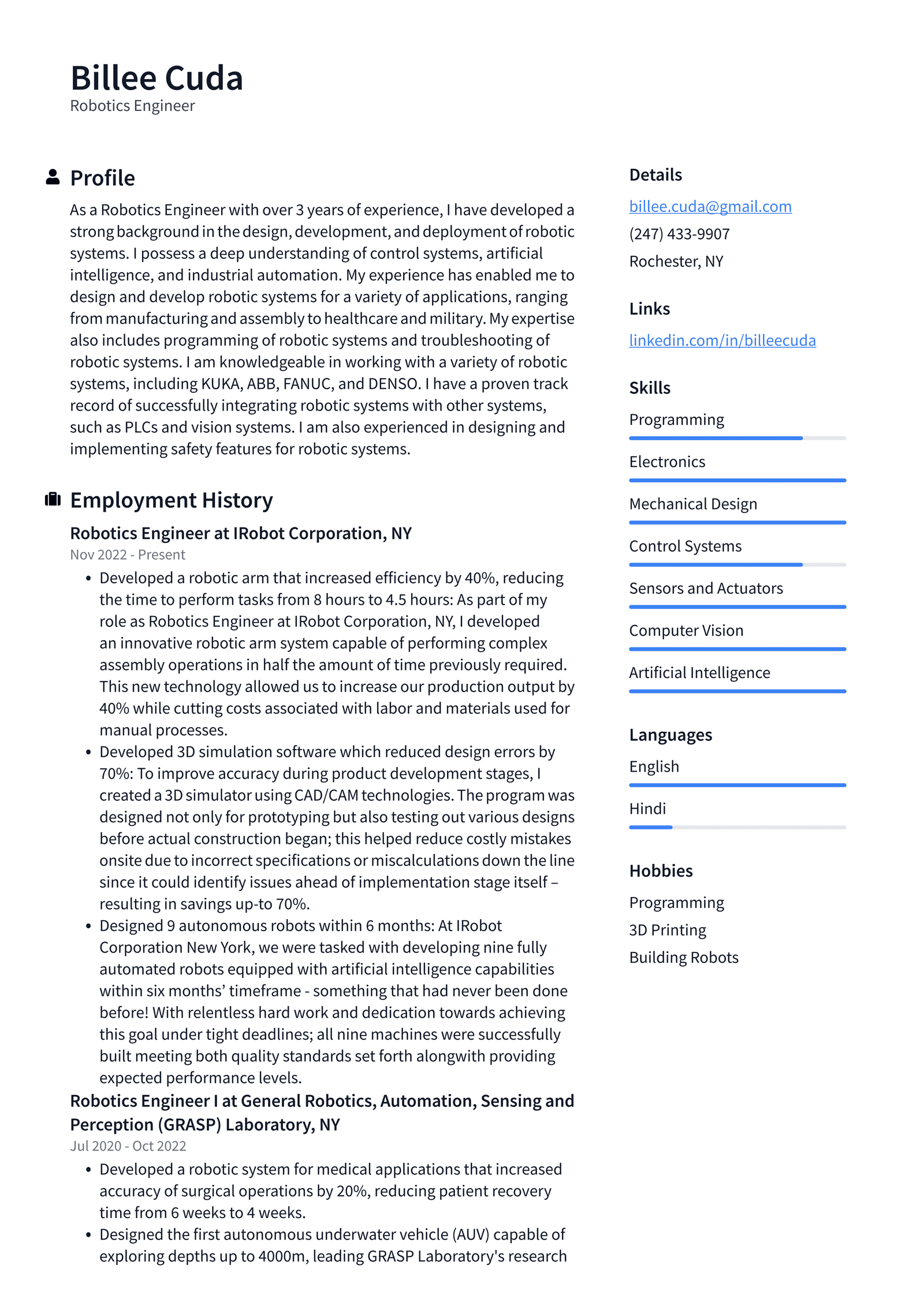 Google Robotics Engineer Resume Examples | ResumeCat
