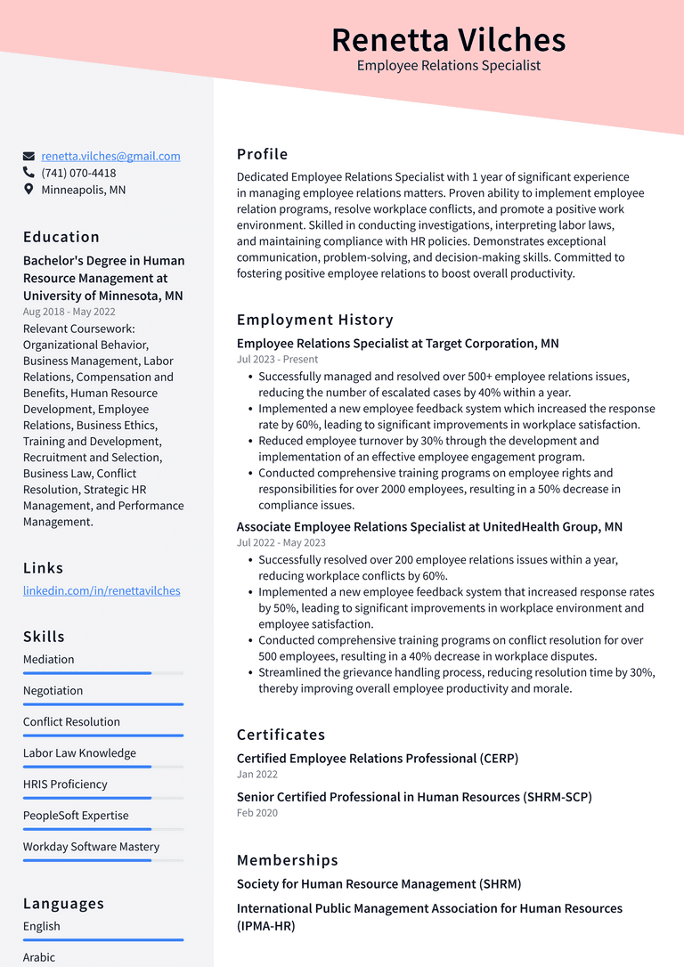 IBM Employee Relations Specialist Resume Examples
