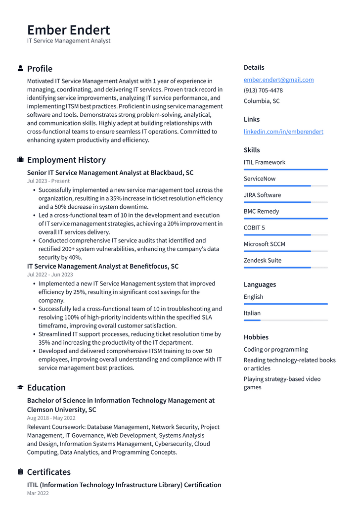 IBM IT Service Management Analyst Resume Examples