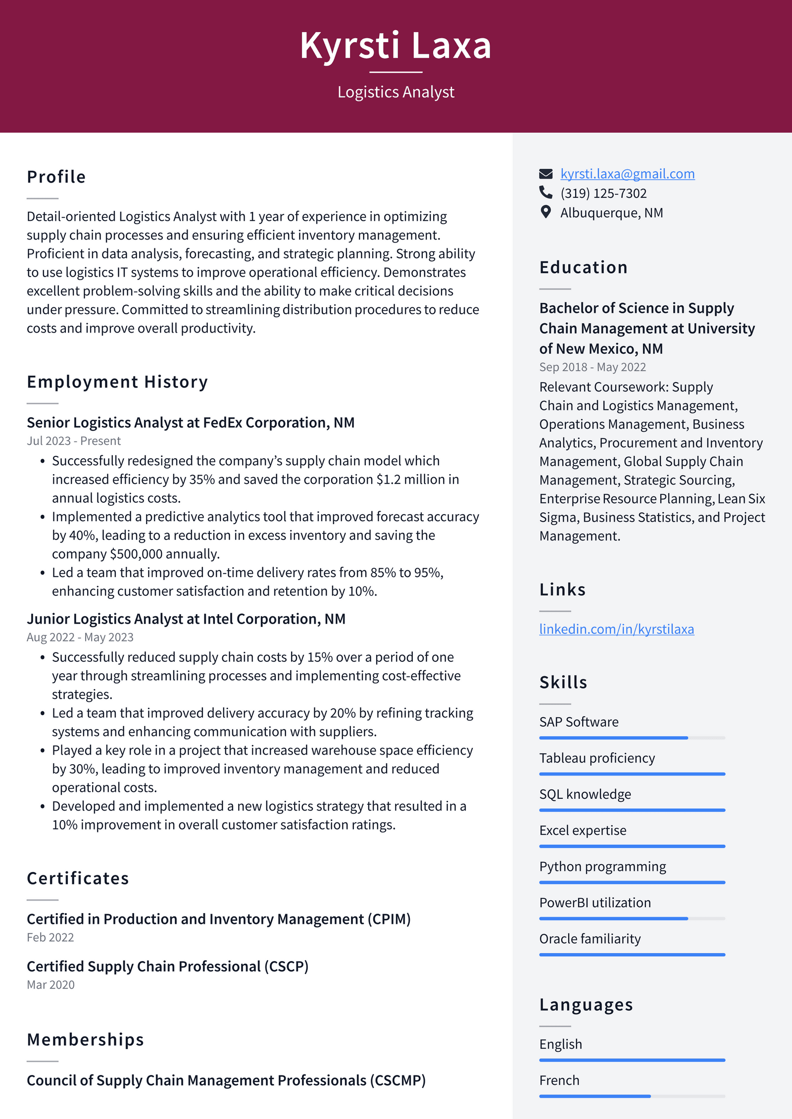 IBM Logistics Analyst Resume Examples | ResumeCat
